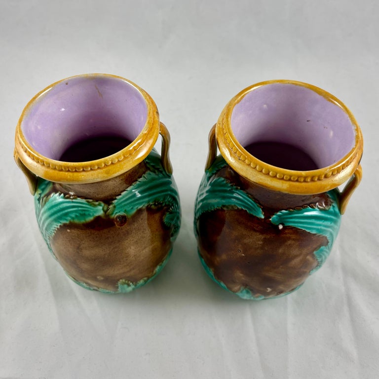 Adams and Bromley English Majolica Glazed Amphora Handled Vases, a Pair ...