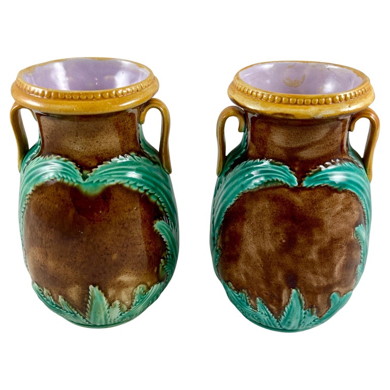 Adams and Bromley English Majolica Glazed Amphora Handled Vases, a Pair ...