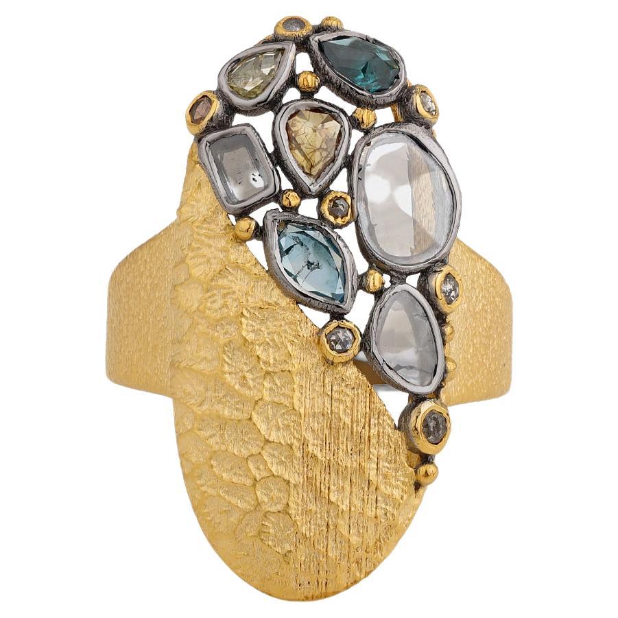 A.deitiy silver ring with flat diamonds and 3 micron yellow gold ...