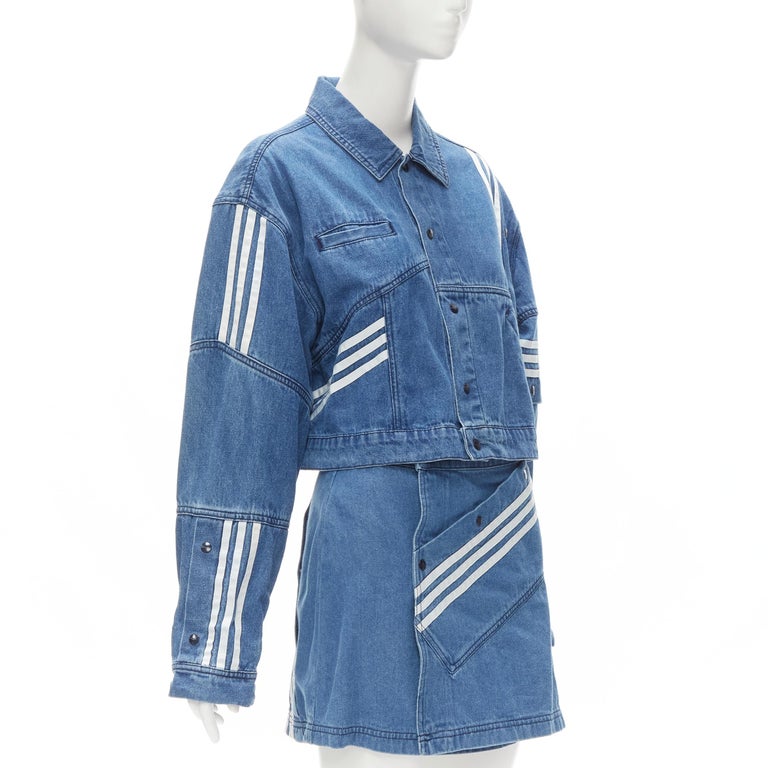 ADIDAS DANIELLE CATHARI blue denim patchwork cropped jacket mini skirt ...