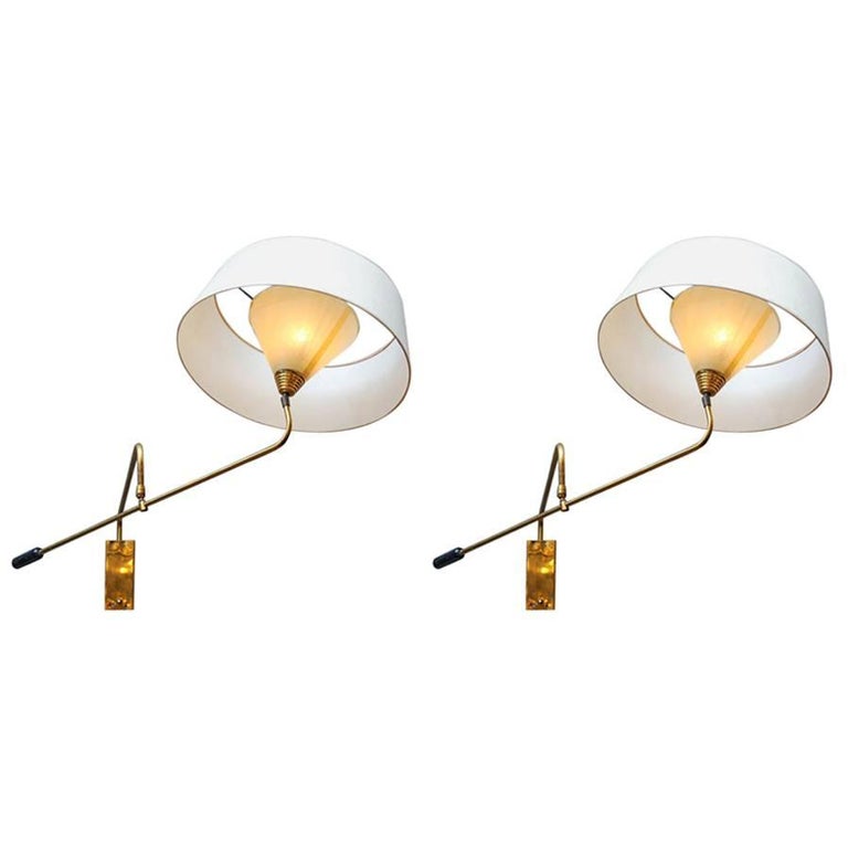 Adjustable Arm Brass Wall Sconces with Shades at 1stDibs