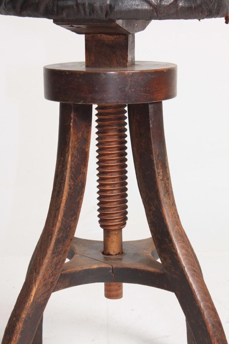 Adjustable Artist Stool in Oak and Patinated Leather, Denmark, 1930s ...