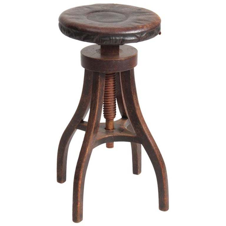Adjustable Artist Stool in Oak and Patinated Leather, Denmark, 1930s ...