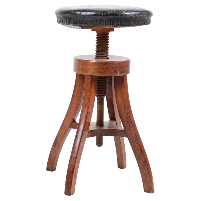 Adjustable Artist Stool in Oak and Patinated Leather, Denmark, 1930s ...
