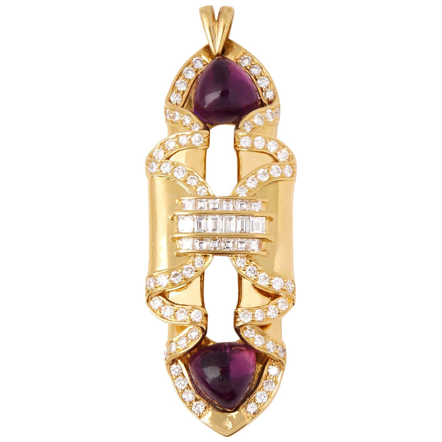 Adler 18 Karat Yellow Gold Cabochon Amethyst and Diamond Pendant For ...