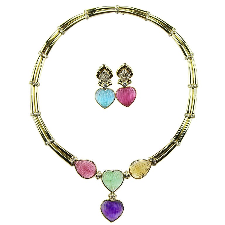 Adler Geneva Heart Cameo Aquamarine Tourmaline Retro Diamond Necklace ...