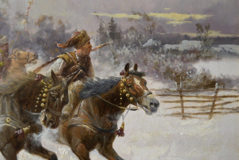 Adolf Constantin Baumgartner-Stoiloff - 19th Century winter landscape oil painting of Cossacks ...