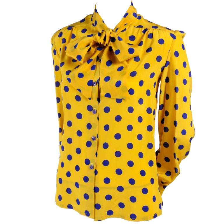 Adolfo Blouse in Yellow Silk With Blue Polka Dots and Bow at 1stDibs ...