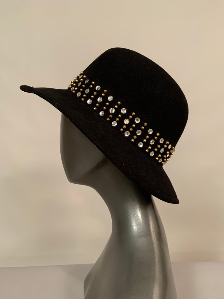 Adolfo Rhinestone and Brass Stud Trimmed Black Wool Felt Fedora Hat at ...
