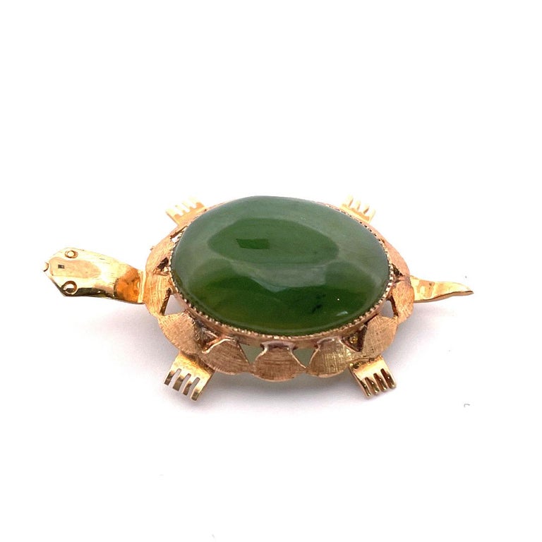 Adorable 14k Yellow Gold Turtle Brooch with Jade Cabochon For Sale at ...