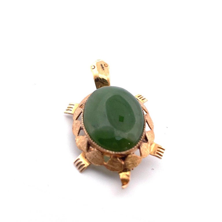 Adorable 14k Yellow Gold Turtle Brooch with Jade Cabochon For Sale at ...