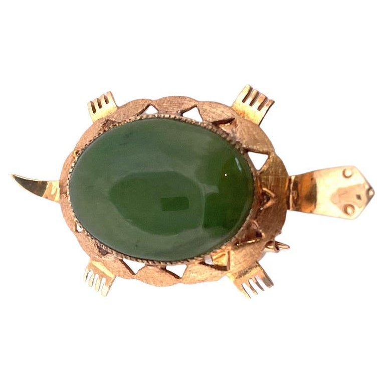 Adorable 14k Yellow Gold Turtle Brooch with Jade Cabochon For Sale at ...