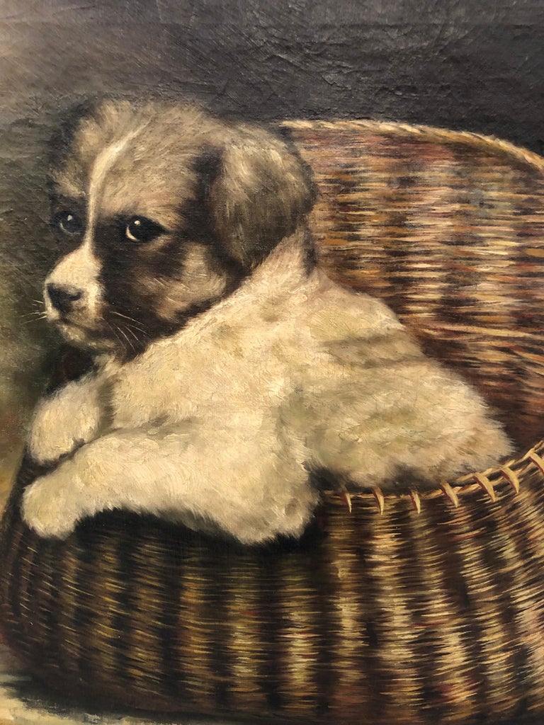 Adorable Original Antique Painting of Puppy in a Basket For Sale at 1stDibs