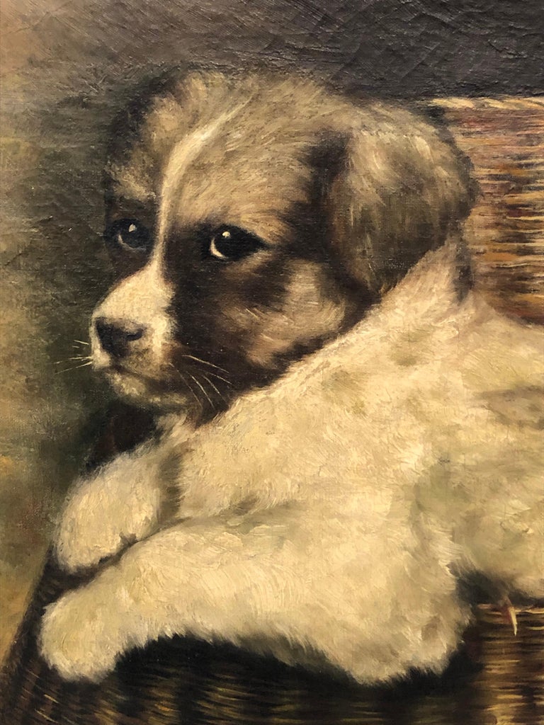 Adorable Original Antique Painting of Puppy in a Basket For Sale at 1stDibs