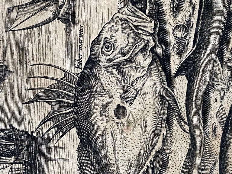 Adriaen Collaert - 17th century flemish engraving of fishes in front of ...
