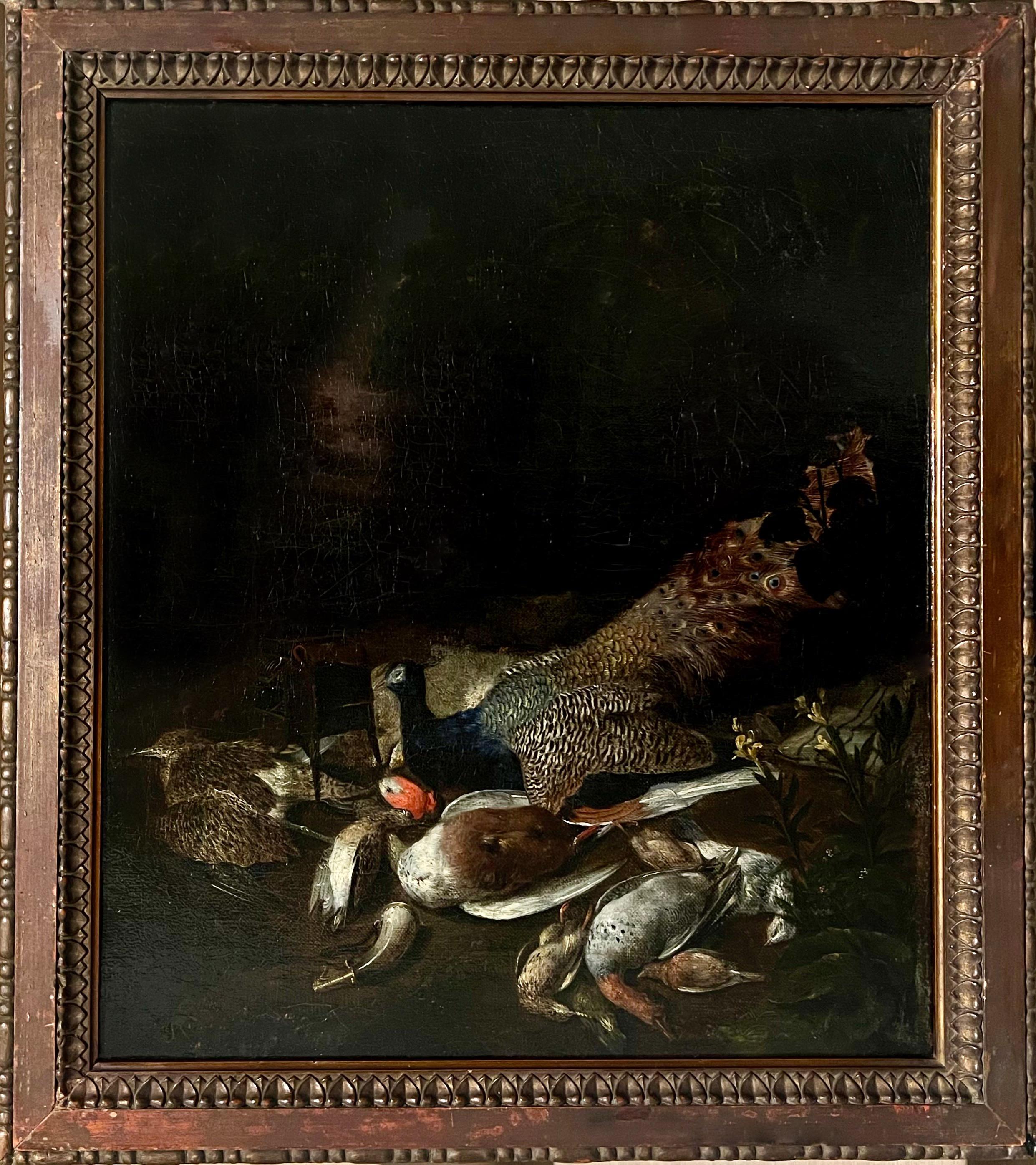 Peacock and Birds in a Landscape - British 17thC Old Master animal oil ...
