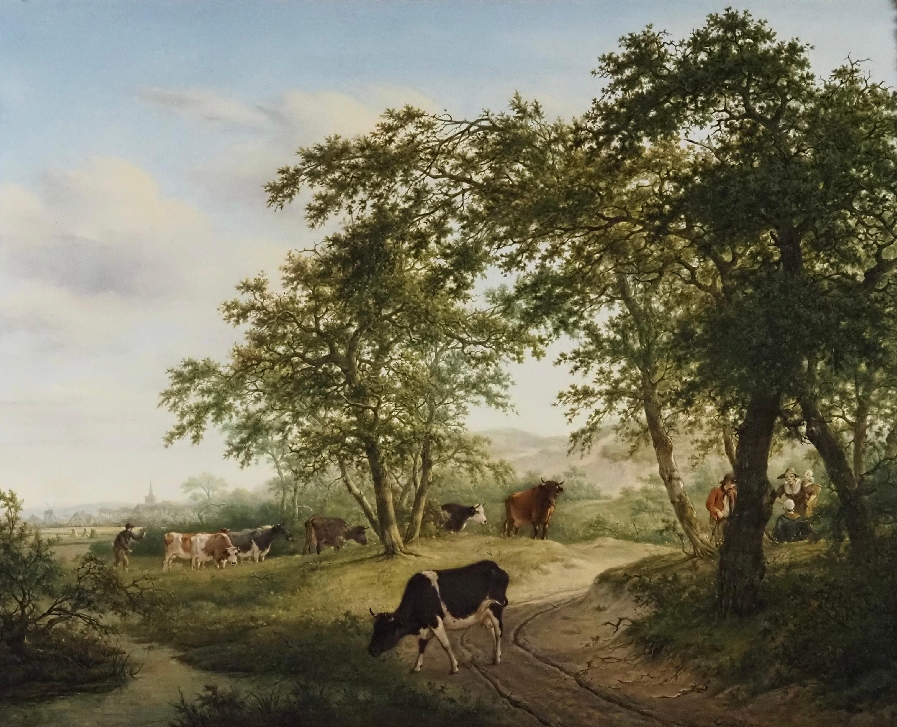 Adrianus de Visser - Cattle and figures on a riverside lane, within a ...