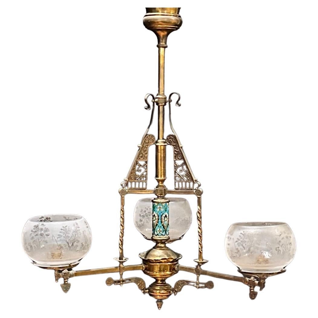 Aesthetic Brass and Longwy Pottery Gasolier For Sale at 1stDibs