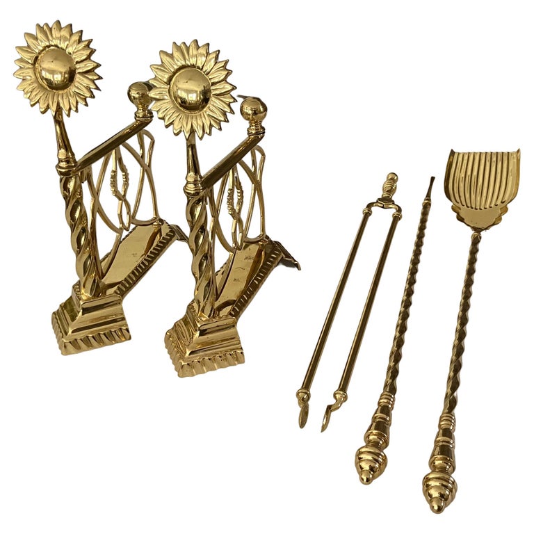 Aesthetic English Sunflower Brass Fireplace Andiron Set For Sale at 1stDibs