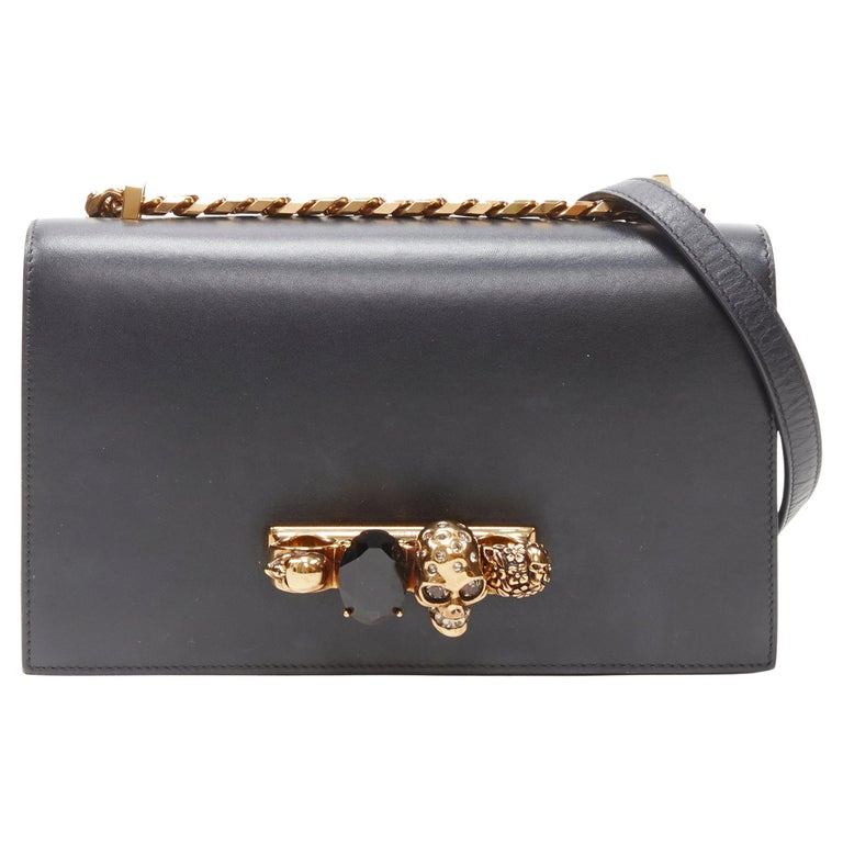 A:EXANDER MCQUEEN Knuckle Duster gold Skull jewel black gold chain bag ...
