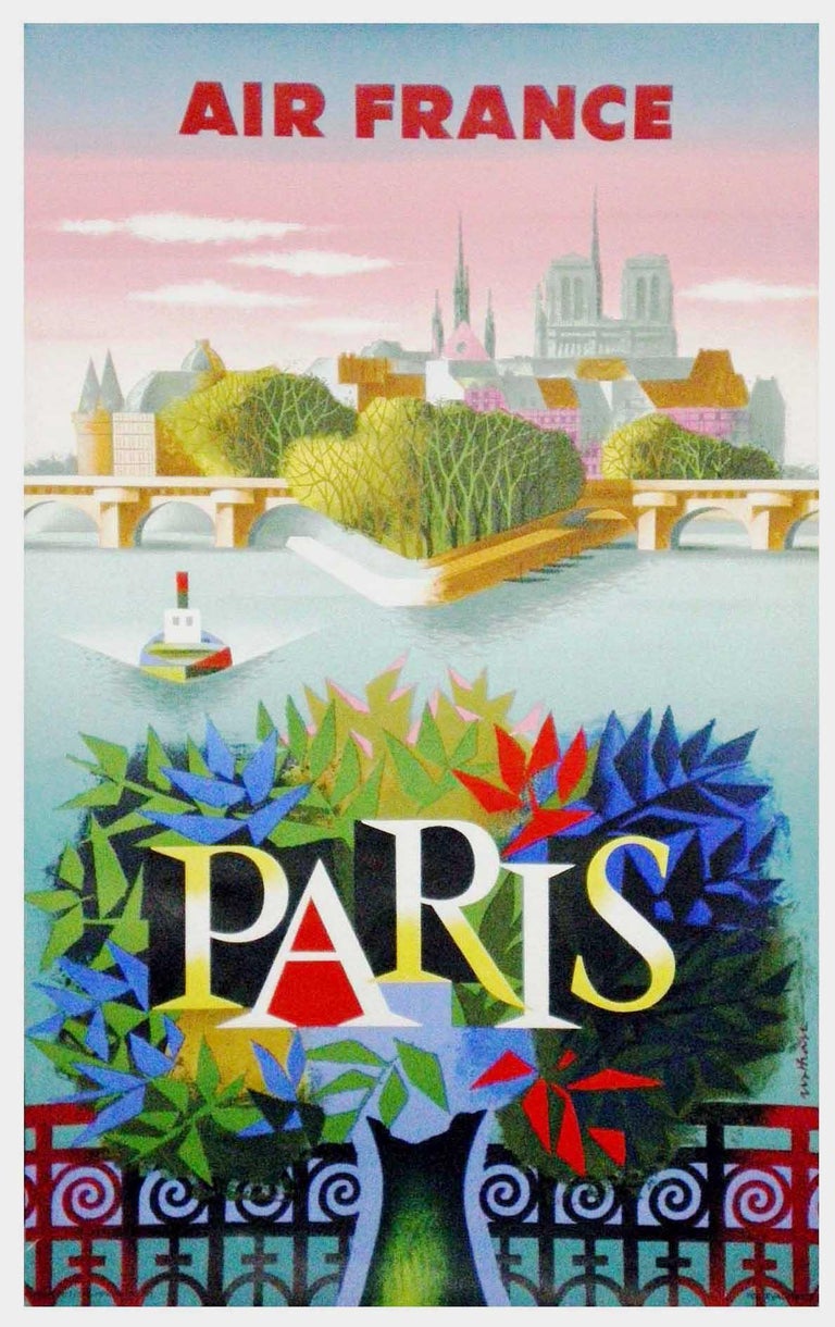 Affiche ancienne originale de voyage, Air France Paris, Nathan 1957 For ...
