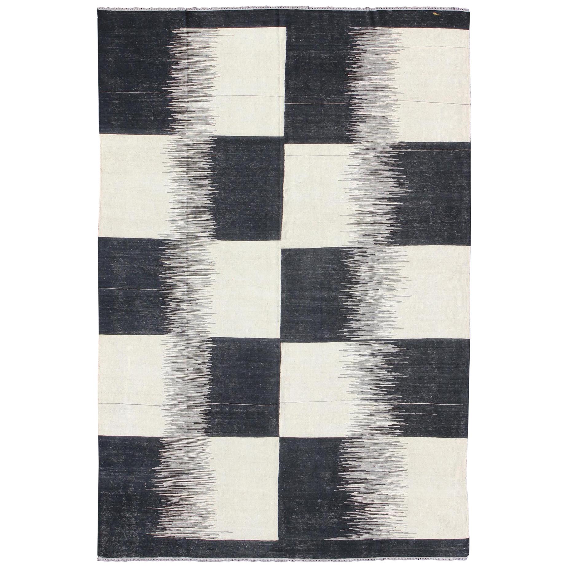 Modern Kilim Rug with Black, White, and Gray Large Block and ...