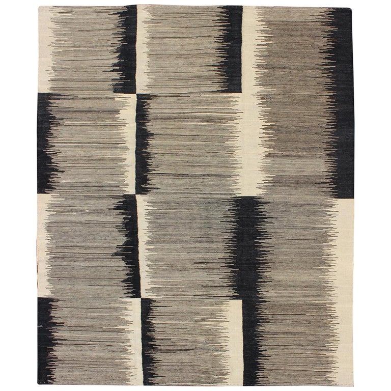 Modern Kilim Rug with Black, Ivory and Gray Checkerboard and Block ...