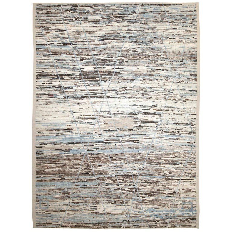 Afghan Moroccan Style Rug with Blue Diagonal Lines on Ivory and Brown ...