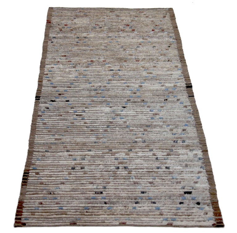 Afghan Moroccan Style Runner Rug in Ivory with Brown and Blue Diagonal ...