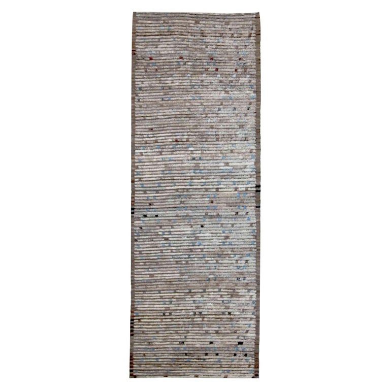 Afghan Moroccan Style Runner Rug in Ivory with Brown and Blue Diagonal ...