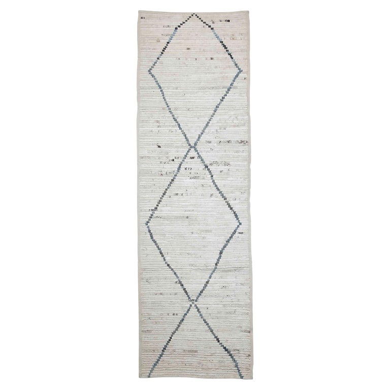 Afghan Moroccan Style Runner Rug in Ivory with Gray and Blue Diamond ...