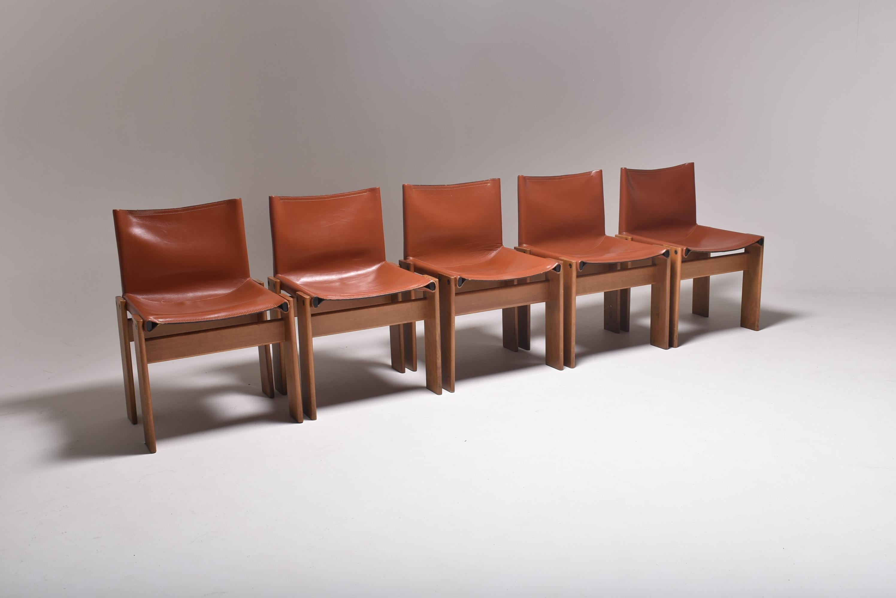 Afra and Tobia Scarpa Camel Leather "Monk" Chairs For Molteni, Set of 5 ...