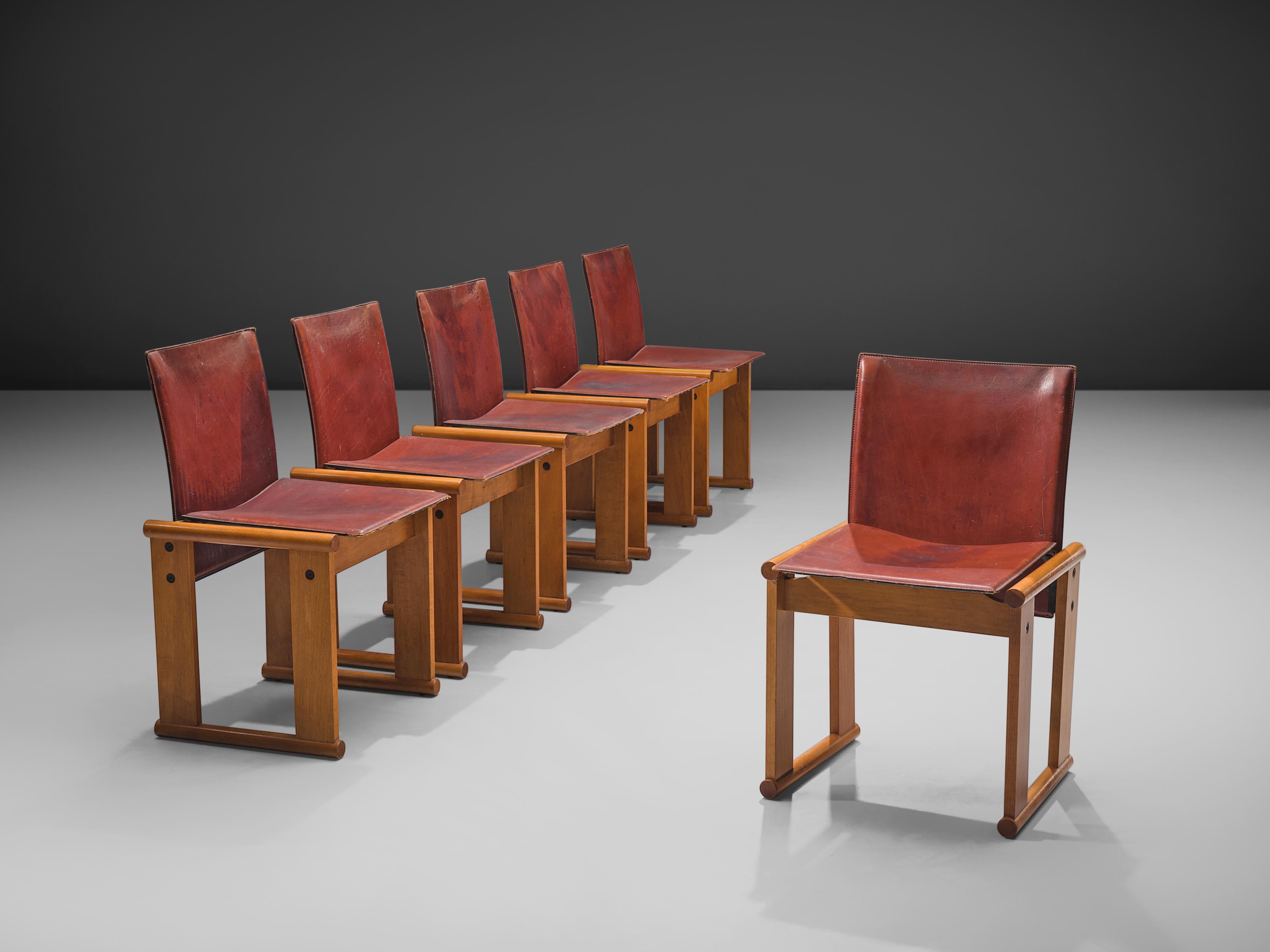 Afra and Tobia Scarpa Set of Six Dining Chairs in Red Patinated Leather ...