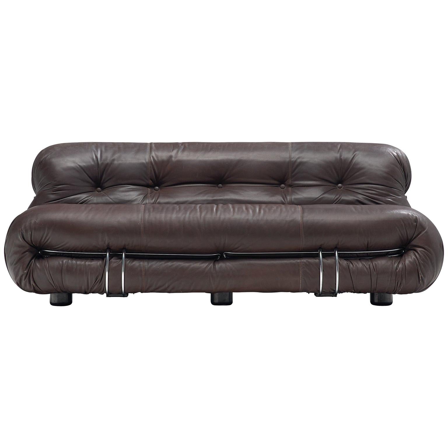Afra and Tobia Scarpa 'Soriana' Sofa in Chocolate Brown Leather at 1stDibs