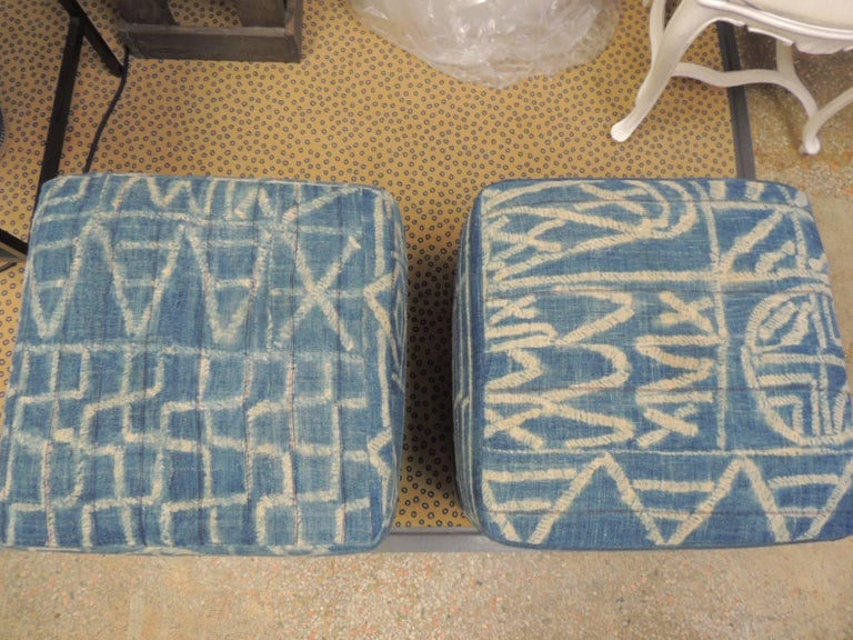 African Blue and Natural Vintage Ndop Textile Upholstered Square ...