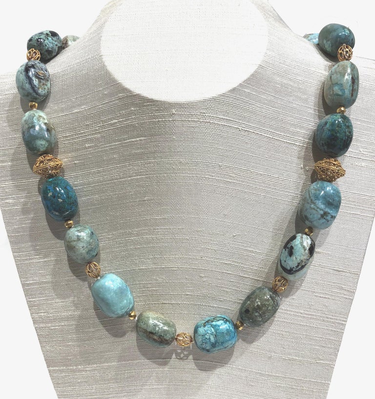 African Blue Opal and 18 Karat Gold Bead Necklace For Sale at 1stDibs