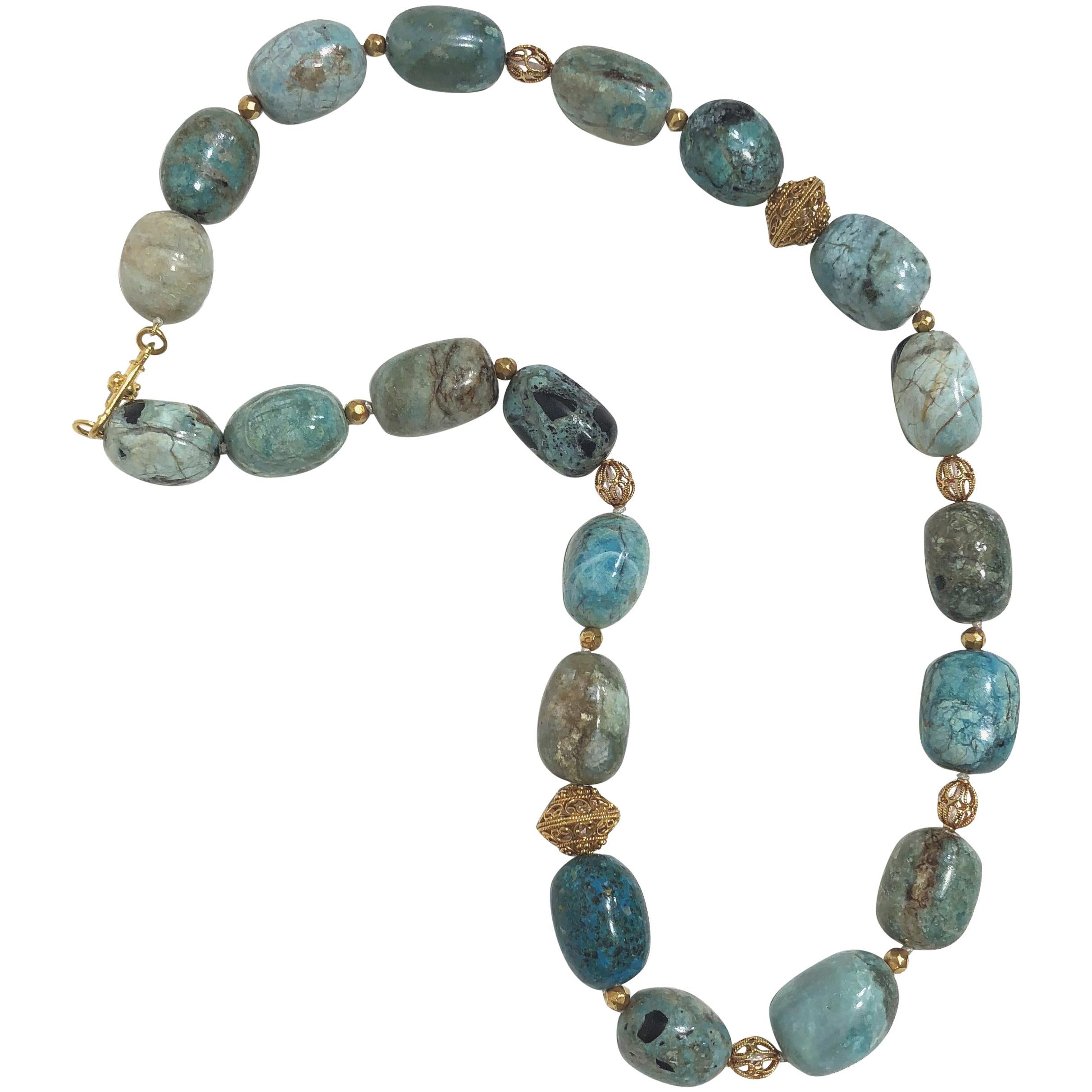 African Blue Opal and 18 Karat Gold Bead Necklace For Sale at 1stDibs