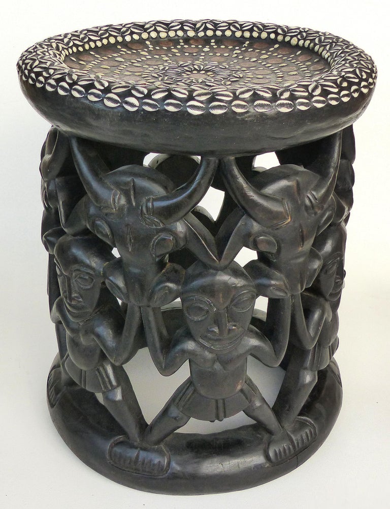 African Carved Side Table from Nigeria Embellished with Shells and ...