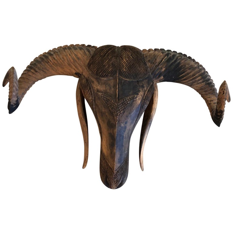 African Carved Wood Ram''s Head Mask Wall Sculpture at 1stDibs