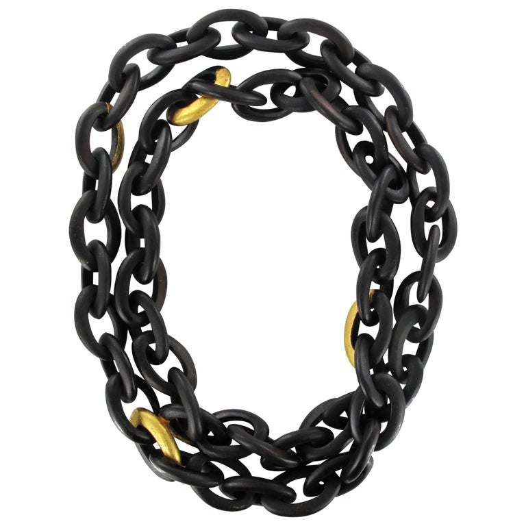 African Ebony Gold Leaf Chain Link Long Necklace at 1stDibs