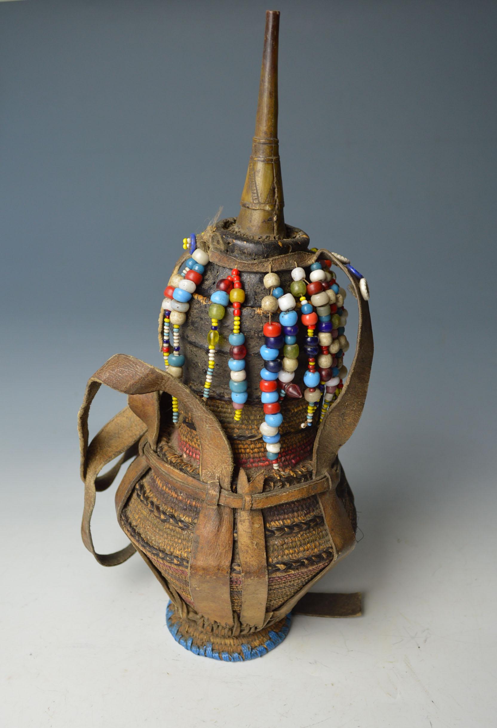 African Tribal Basketry Container with Ancient Trade Beads Interior ...