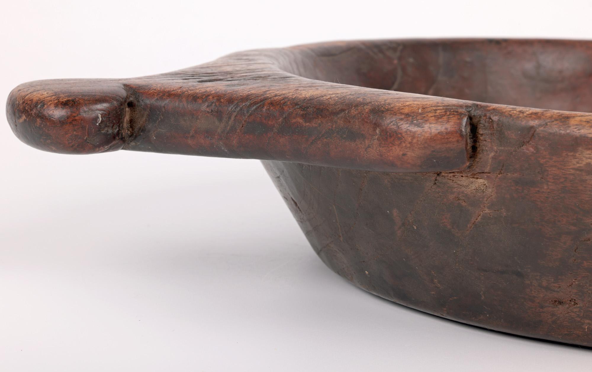 African Vintage Twin Handled Hand Carved Wooden Bowl For Sale at 1stDibs