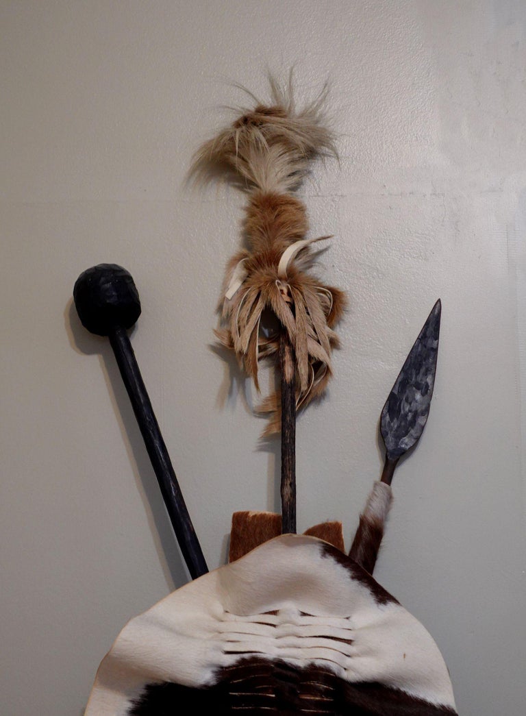 African Zulu Cowhide Shield with Spear and Mallet For Sale at 1stDibs