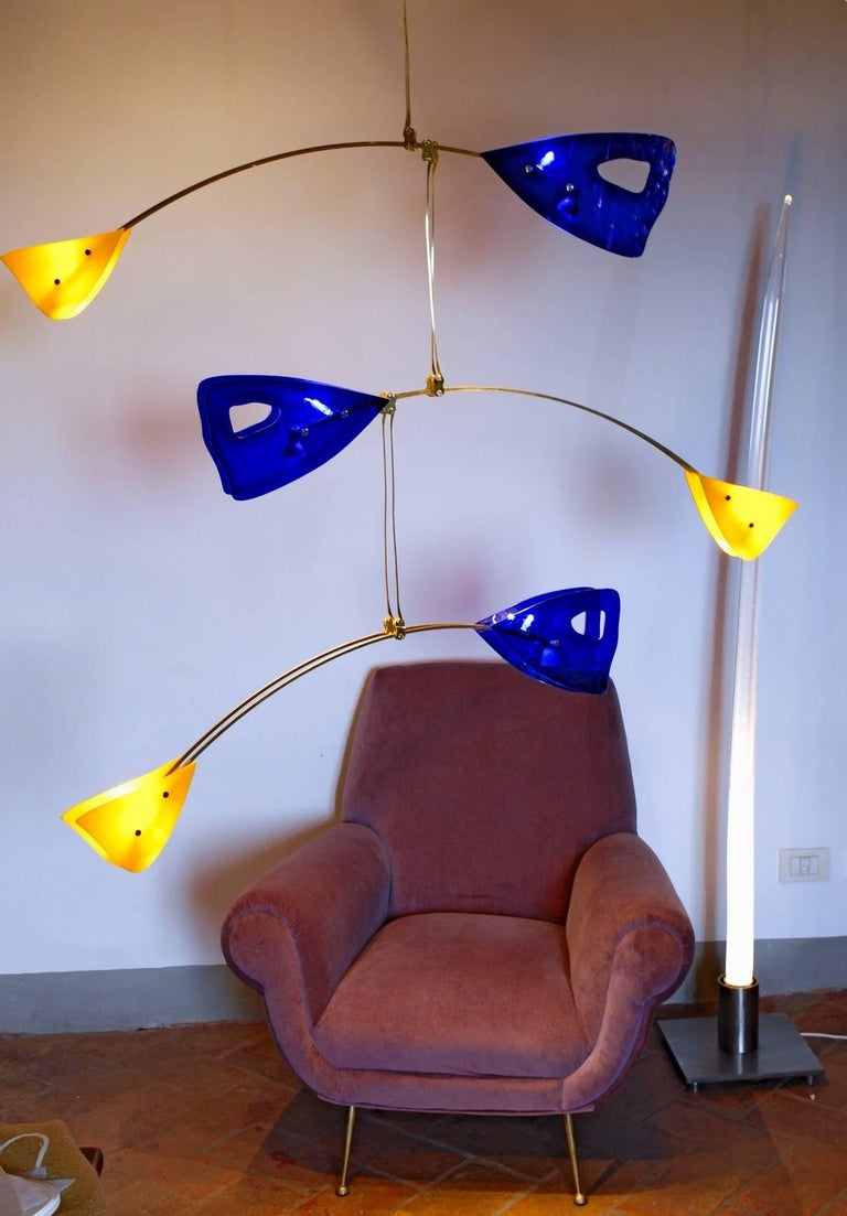 CINETICO Illuminated Sculpture Murano Glass Brass Mobile Chandelier ...