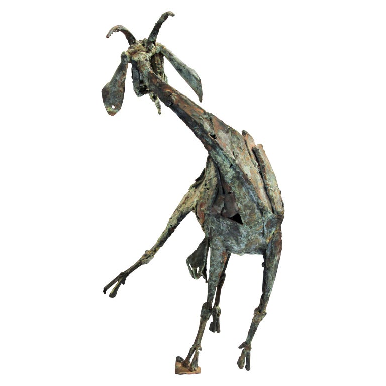 Brutalist Modern Abstract Metal Falling Goat Sculpture at 1stDibs