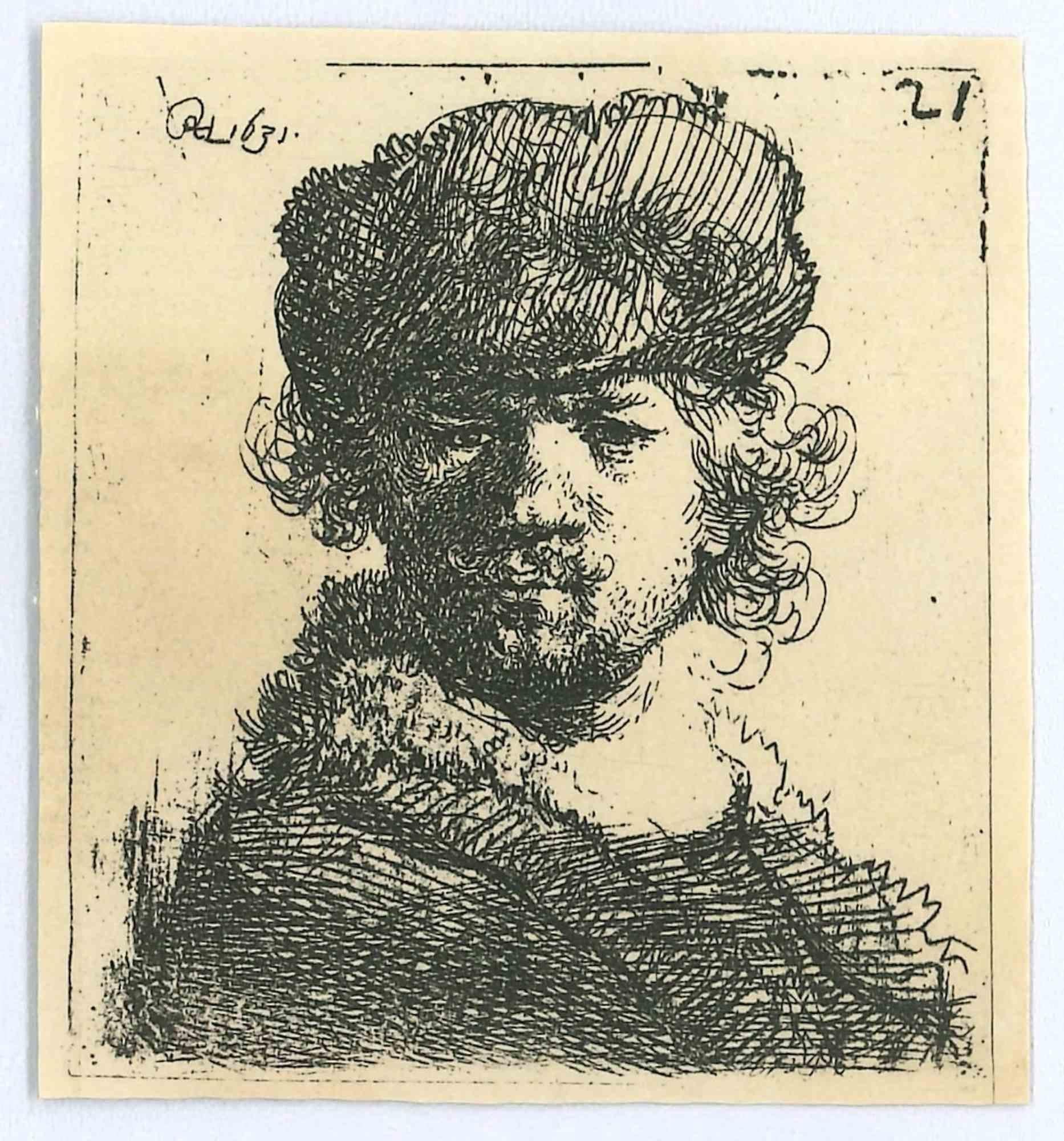Self-Portrait In Heavy Fur Cap - Etching after Rembrandt -19th Century at 1stDibs