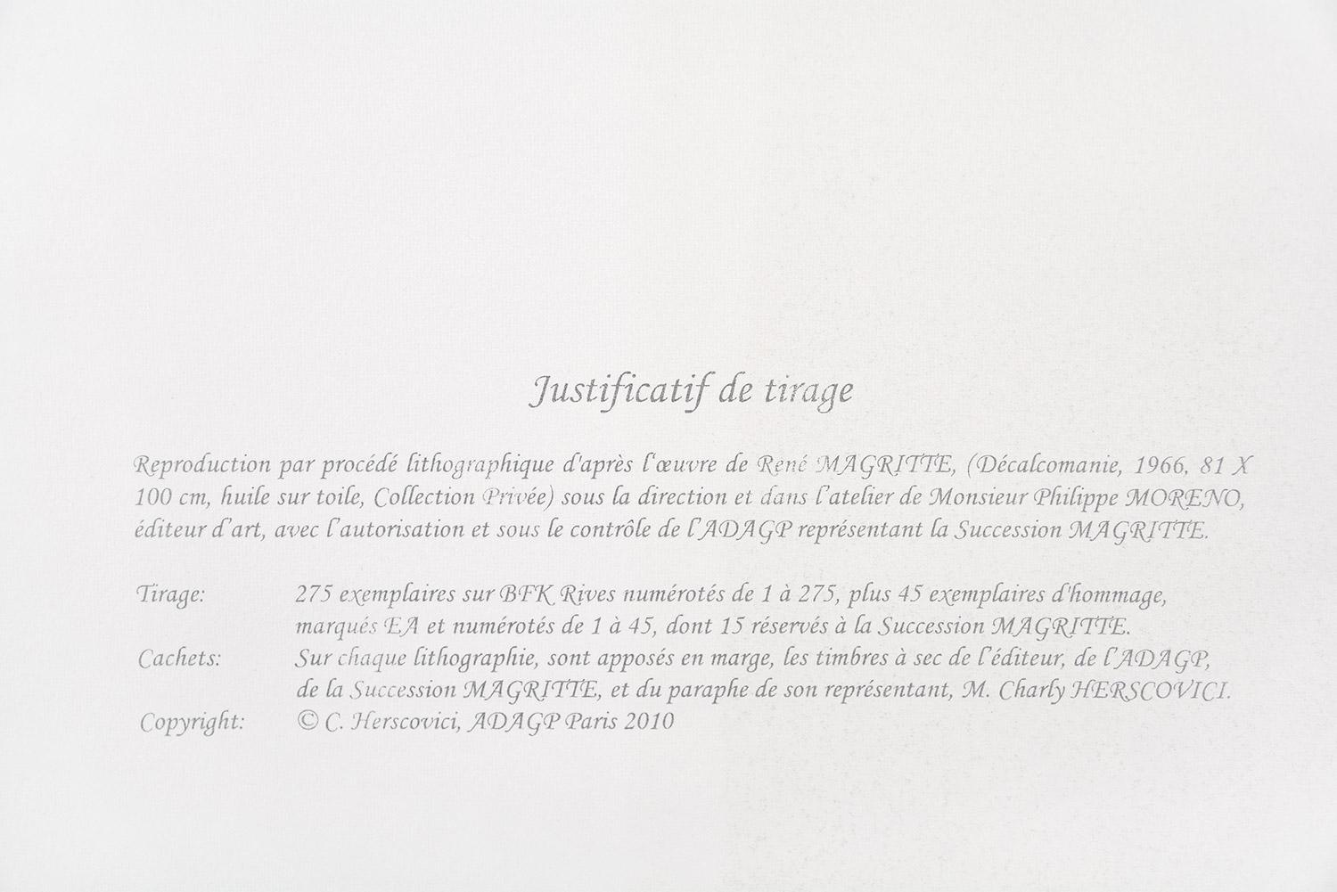 (after) René Magritte - René Magritte - DÉCALCOMANIE, 1966 Edición limitada. Litografía ...