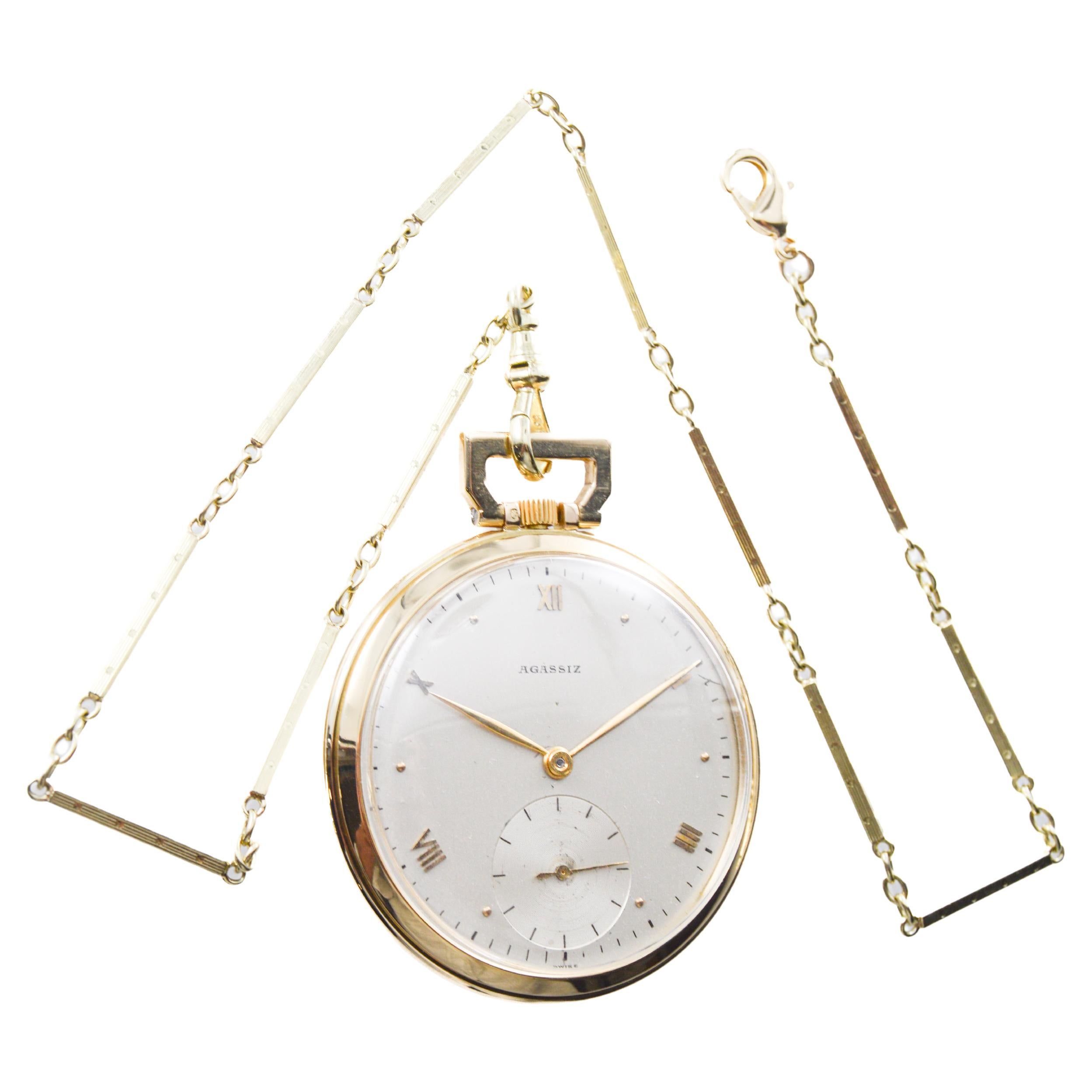 Agassiz 14Kt. Solid Gold Pocket Watch with Period Gold Chain 1930's ...