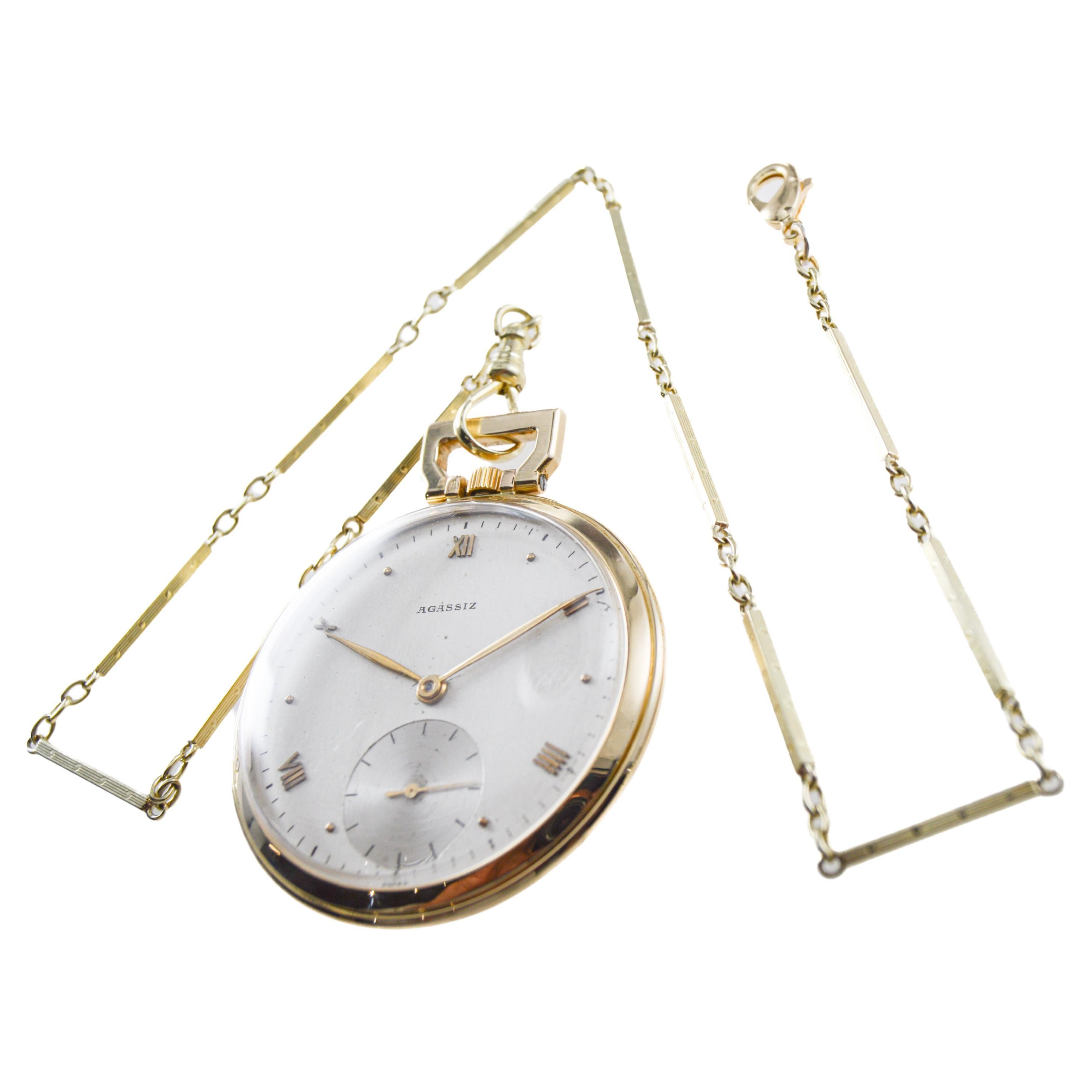 Agassiz 14Kt. Solid Gold Pocket Watch with Period Gold Chain 1930's ...