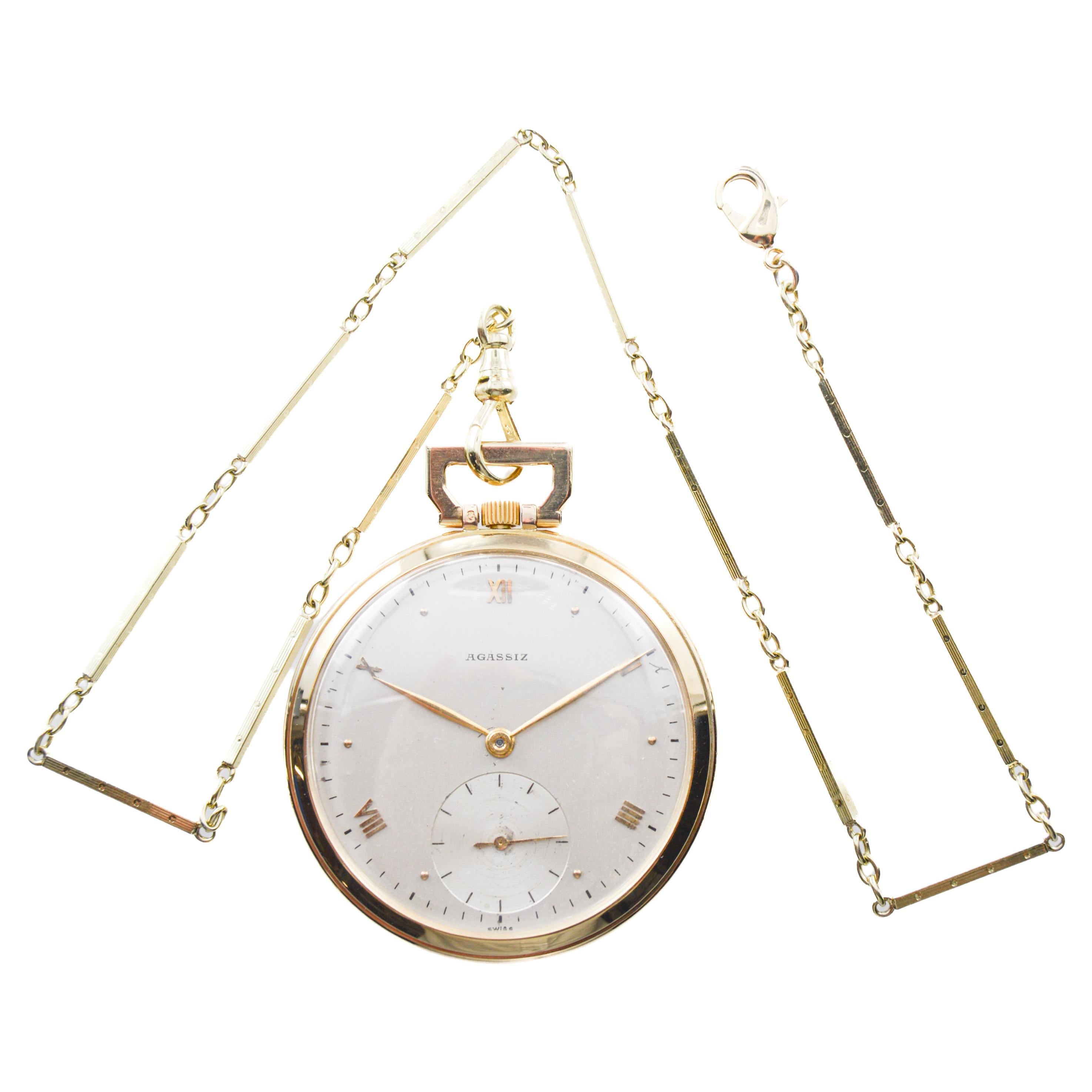 Agassiz 14Kt. Solid Gold Pocket Watch with Period Gold Chain 1930's ...